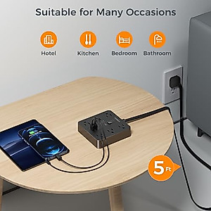 Black Surge Protector Power Strip, TESSAN Flat Plug Extension Cord 5 FT with 6 Outlets 3 USB Charger (1 USB C), 1700J Protection Multiple Outlets Charging Station for Home, Office, College Dorm Room
