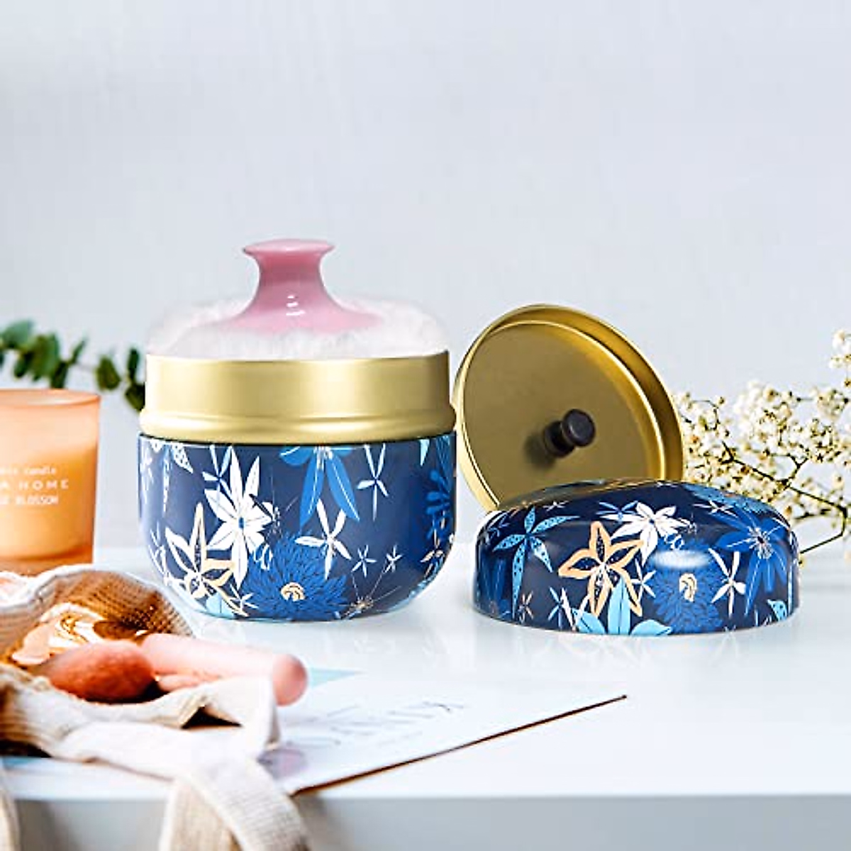 Qopoto Large Powder Puff for Body Powder and Container for Loose Powder, Baby Powder Puff and Powder Box for Bath and Travel (Midnight Flowers)