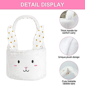 Easter Basket for Toddlers Babies, Cute Fluffy Bunny Basket with Foldable Ears, Easter Baskets Bags for Easter Egg Hunts, Plush Personalized Easter Basket Empty for Kids Girls Boys Gifts, White