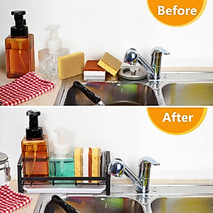 FANGSUN Large Sponge Holder for Kitchen Sink, 304 Stainless Steel Sink Caddy Organizer with Removable Drip Tray, Kitchen Countertop Dish Soap Holder, Not Include Soap Dispenser, Black