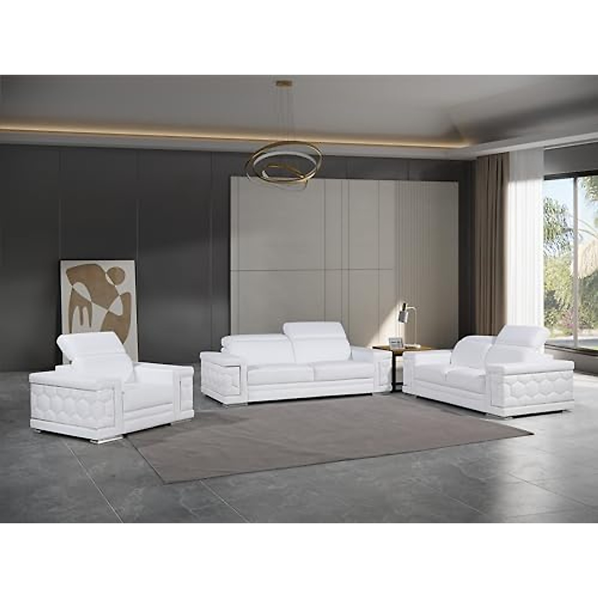 Blackjack Furniture Soren 3 Piece Leather Upholstered Adjustable Headrests, Solid Brazilian Wood Frame and High Density Foam Cushioning, Sofa and Loveseat, White