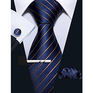 Barry.Wang Mens Stripe Plaid Tie Set with Pocket Square Cufflink Tie Clip Necktie Business Wedding 6PC