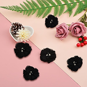 URROMA Chiffon Fabric Flowers for Crafts, 30 Pcs Black Pearl Flower Appliques for Clothes Sew On Fabric Flowers for Headbands DIY Hair Clothes Shoes Accessories