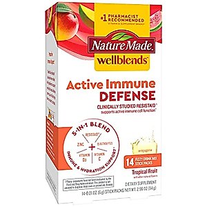 Nature Made Wellblends Active Immune Defense Fizzy Drink Mix, ResistAid, Vitamin C, Vitamin D, Zinc, and Electrolytes Powder, 14 Stick Packs