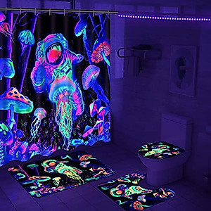 Alishomtll 4 Pcs Blacklight Astronaut Kids Shower Curtain Sets with Rugs, Black Light Space Bathroom Set with Shower Curtain and Rugs, Mushroom Jellyfish Bathroom Sets Decor for Men