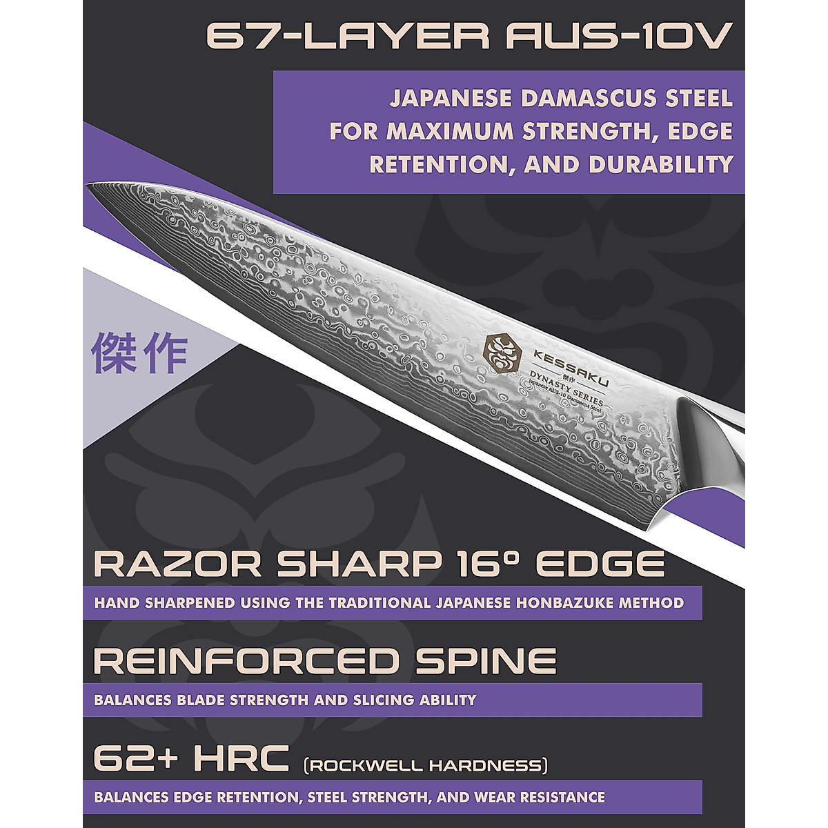 KESSAKU Chef Knife - 8 inch - Damascus Dynasty Series - Razor Sharp Kitchen Knife - Forged 67-Layer Japanese AUS-10V High Carbon Stainless Steel - G10 Garolite Handle with Blade Guard