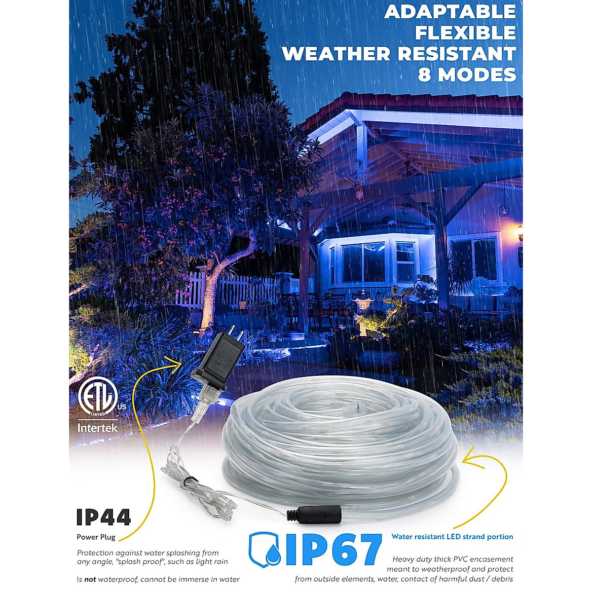 WYZworks 10ft Blue LED Outside Rope Light - 8 Modes, Waterproof Permanent Outdoor Accent Lighting w/Remote, Flexible Clear Tube, ETL Certified, Exterior Christmas Patio Palm Tree Yard Ambient