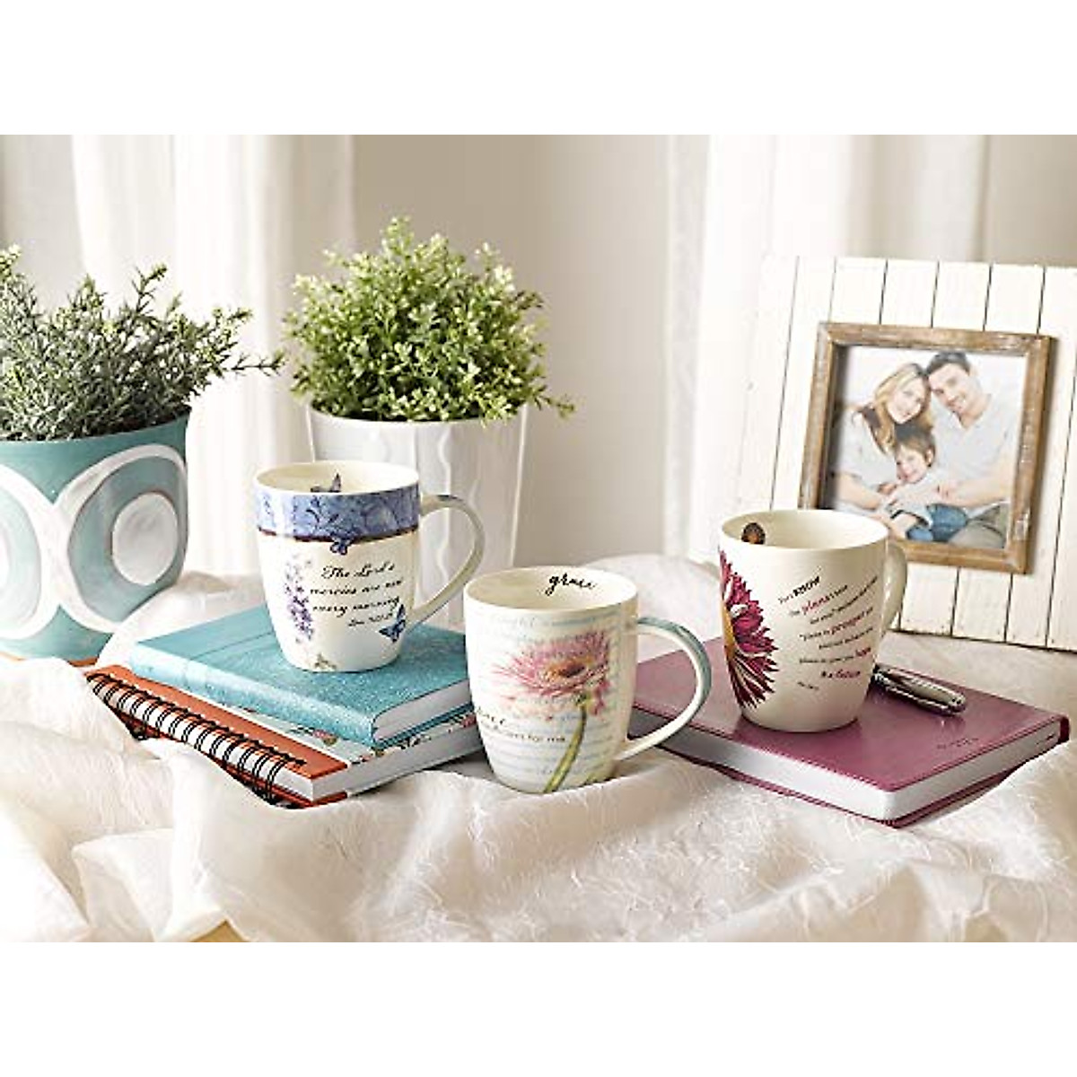 Christian Art Gifts Bible Verse Mug for Women Butterfly Scripture Mug w/Blue Flowers – The Lord’s Mercies Lamentations 3:22-23 Mug Inspirational Coffee Cup and Christian Gift (12 oz Ceramic Cup)