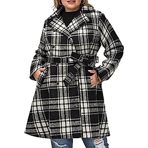 Hanna Nikole Women's Long Double Breasted Trench Coat with Belt Plus Midi Length Black Plaid Overcoat 3X
