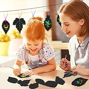 MEETANG 48pcs Scratch Art for Kids Fall Crafts Kits Thanksgiving Create Rainbow Paper Magic Off Supplies with Wood Styluses Ribbons Party Favor, Rinbow, universal