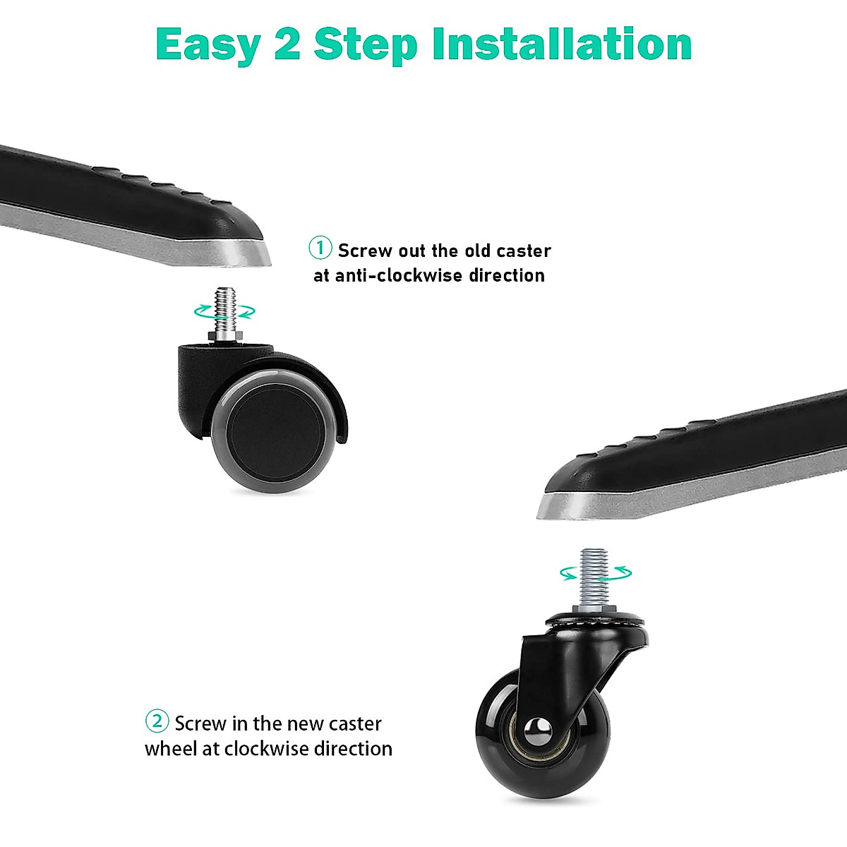 Hirate 5 Pack Office Chair Casters with 3/8"-16UNC Threaded Stem(English Unit), 2" Durable Swivel Stem Gaming Chairs Casters Replacement Smooth Rolling Safe for Hardwood Tile Floors