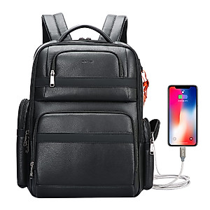 BOPAI 40L Genuine Business Leather Laptop Professional Backpack for Men 15.6 inch Computer with USB Charging Multi-Functional Large Capacity Travel Smart Work Rucksack Anti Theft Black