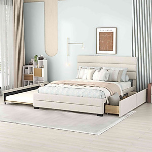 ATY Queen Size Platform Bed with Trundle & 2 Drawers, Upholstered Bedframe w/Headboard, for Bedroom, Guestroom, Livingroom, Save Space & Easy Assemble, Beige