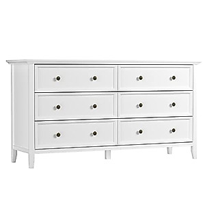 IKENO 6 Drawer Double Dresser, 55 inch Solid Wood Bedroom Dresser in White
