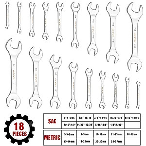 ARUCMIN Super-Thin Open End Wrench Set, 18-Piece SAE & Metric 1/4" to 1-1/16" and 5.5mm to 27mm Chrome Vanadium Steel Wrench Set with Rolling Pouch