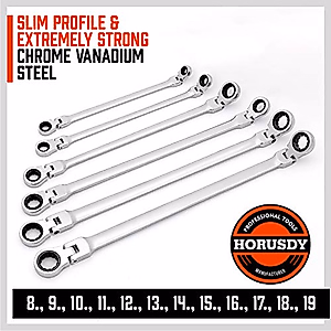 HORUSDY 10-Piece Extra Long Flex-Head Ratcheting Wrench Set - Chrome Vanadium Steel With Metric 8mm - 19mm,With 1/4",3/8",1/2" Socket Drive Adapter