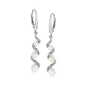 Ross-Simons 3.5-5mm Cultured Pearl and .10 ct. t.w. Diamond Drop Earrings in Sterling Silver