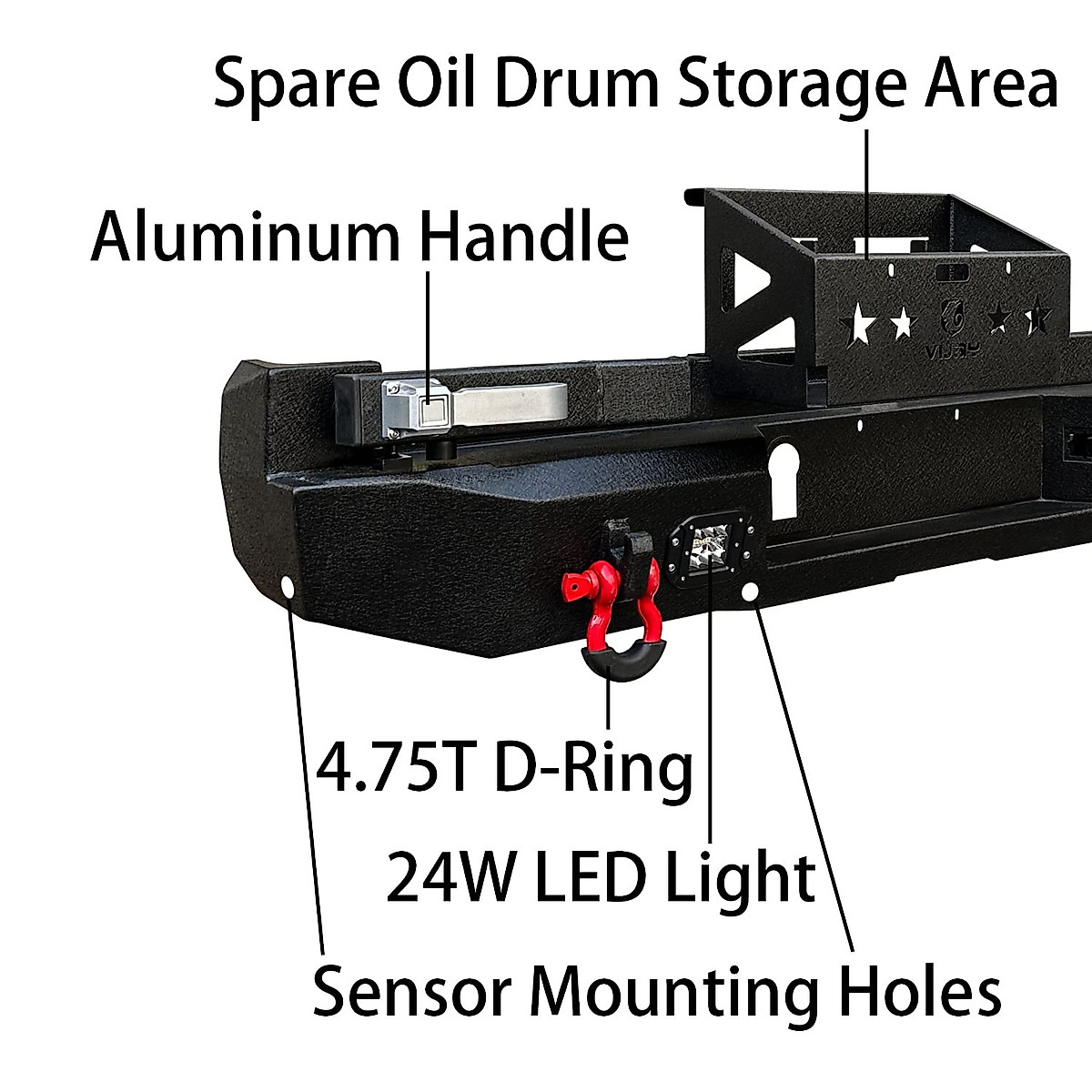 TIOYAR Textured Black Rear Bumper Compatible with Toyota 2016-2023 Tacoma 3rd w/Spare Tire Holder & Spare Fuel Drum Holder & 4 LED Lights & D-Ring+Sensor Mounting Holes