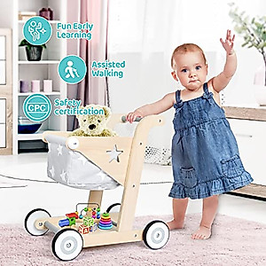 Asweets 2 in 1 Wooden Baby Walker Push and Pull Doll Stroller,Shopping Cart Learning Walker for Boys and Girls Sit Stand Learning Walker Toddler Toy
