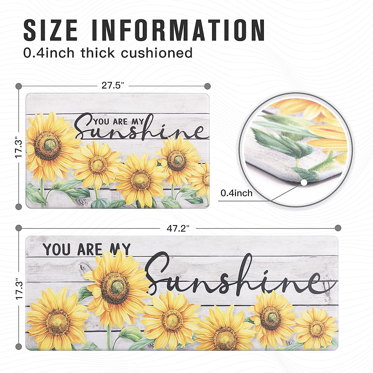 Carvapet Kitchen Floor Mats 2Pcs, Anti Fatigue Kitchen Rugs and Mats Farmhouse Sunflowers Non-Skid Cushioned Floor Comfort Mat for Kitchen, Doorway, Sink, Laundry, 17"x27"+17"x47"