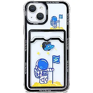 CEOKOK Compatible for iPhone 14 Case with Card Holder Slot Clear Design Astronaut Cute Aesthetic Transparent Anime Pattern Men Women Girls Kids Soft Silicone TPU Cool Protective Phone Case Cover