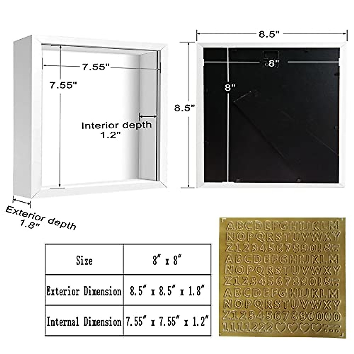 TouYinger 8x8 Shadow Box Frame Display Case with Letter Stickers, 3D Picture Frame, Display Case Box for Memorabilia, Baby Items, Wedding Memories, Crafts, Tickets and Photos (White, 8x8)