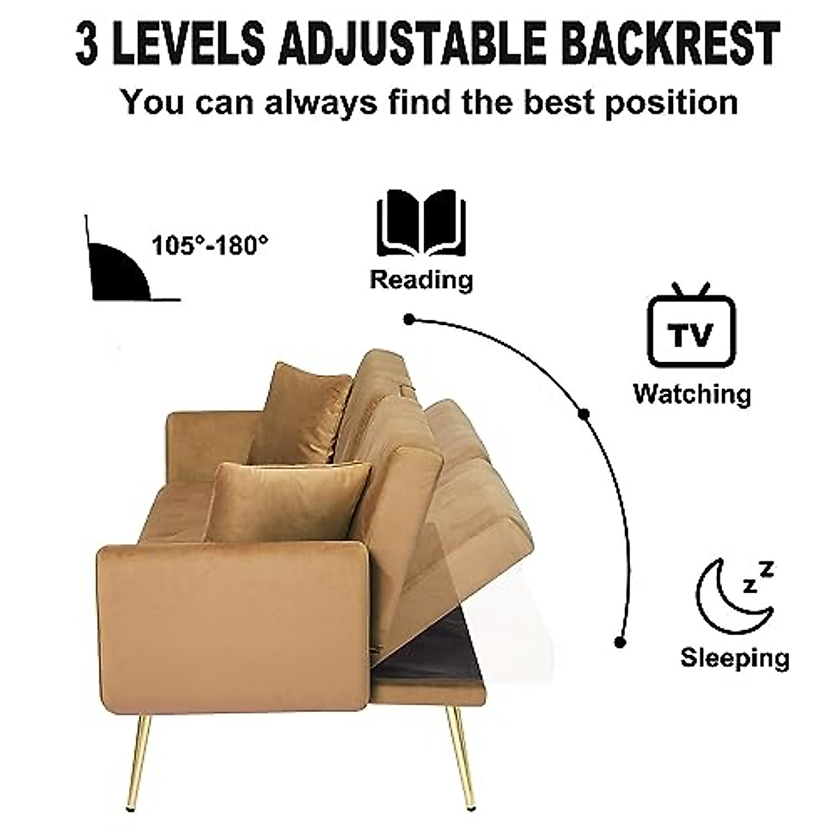 FREESNOOZE 72.4'' Convertible Velvet Sleeper Sofa Bed Loveseat Futon Couch w/2 Cupholders, Metal Legs, 2 Pillows for Home, Office, Guest Room, Apartment-Brown