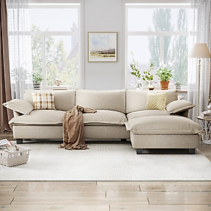 Fadware 113" Oversized Sectional Sofa Cloud Couch for Living Room, Modern Velvet L Shaped Deep Couches, 4 Seat Comfy Modular Sofa Sleeper with Moveable Ottoman, Beige