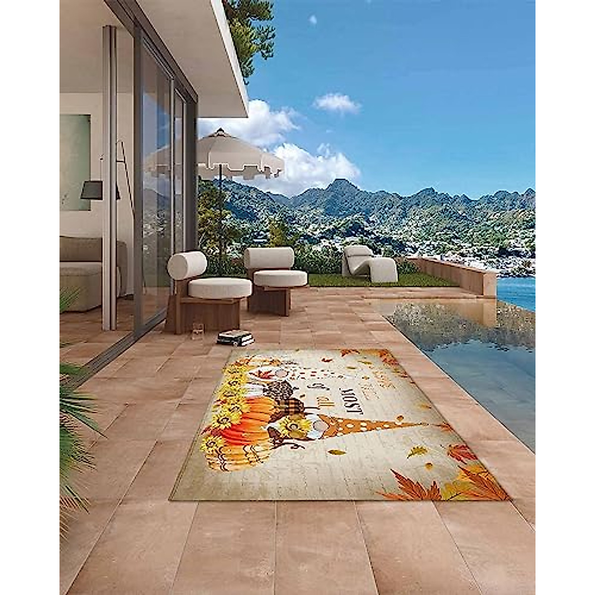 Outdoor Area Rug for Patio,Thanksgiving Fall Gnome Pumpkin Sunflowers Camping Rugs Indoor Large Floor Mat 4x6ft,Autumn Maple Retro Letters Outside Carpet for Deck RV Picnic Porch Backyard Bedroom