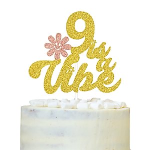 Happy 9th Birthday Cake Topper, 9 is a Vibe, Cheers to 9 Years, Glittery Groovy Daisy 9th Birthday Party Decorations Supplies