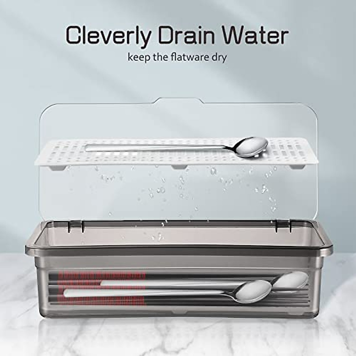 Cabilock 3pcs Flatware Tray with Lid- proof Chopsticks Storage Boxes Draining Tableware Organizer Kitchen Cutlery Container Countertop Utensil Holder