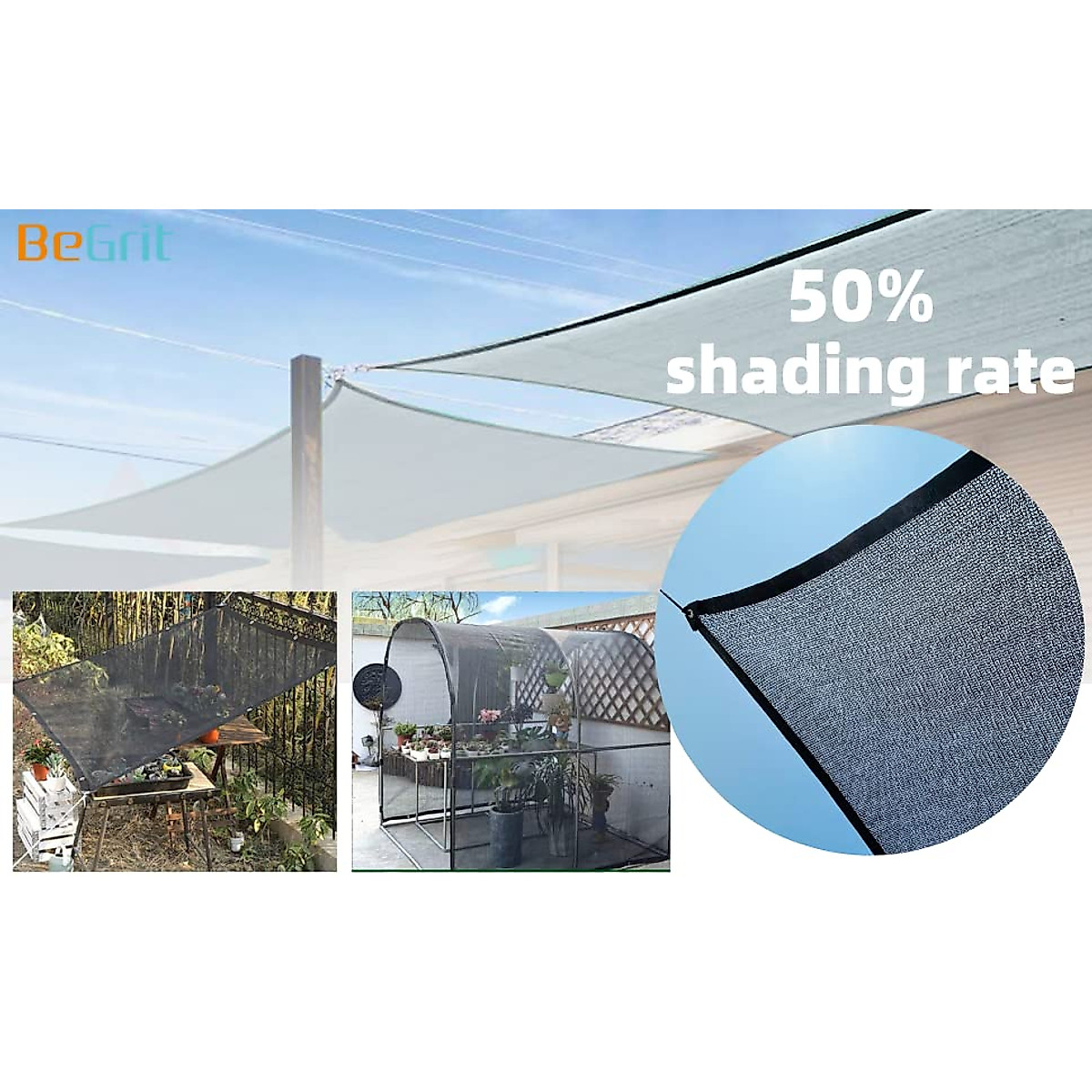 BeGrit 50% 6x10ft Shade Cloth with Grommets Garden Sun Mesh Sunblock UV Resistant Net for Garden Cover Flowers,Patio Plants,Chicken Coop,Greenhouse…
