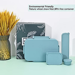 Versatile Spill Proof Bento Box, 2045ml Wheat Straw Lunch Bento Box 5-Compartment Lunch Container +Utensil Case Set, Unbreakable BPA-Free Lunch Box, Easy Open for School, Work, Picnic -Green