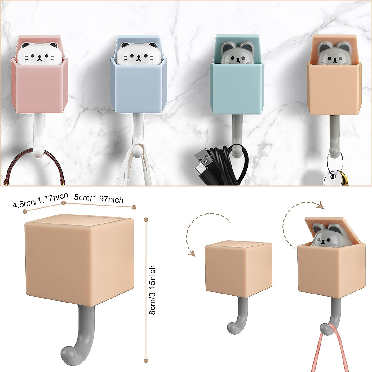 ZXAPJJD 4 Pcs Cute Wall Hook Creative Adhesive Coat Hooks, Cat Key Holder Hook for Hanging Bag Hat Towel Backpacks Bag Home Storage Utility Wall Hanging Decorations