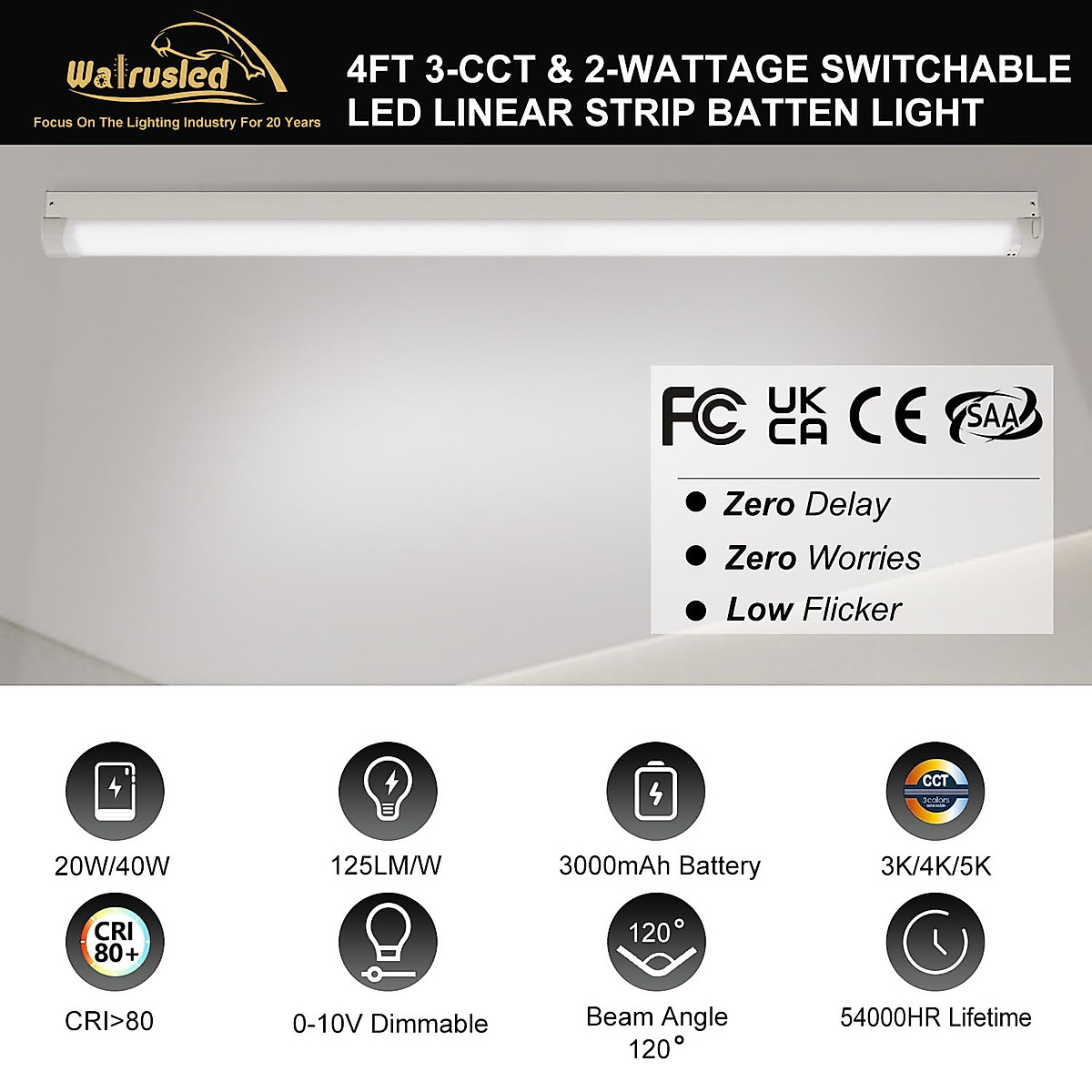 4 Pack 4FT LED Linear Strip Emergency Stairwell Light, 3 CCT Selectable, 20W/40W, 2500lm/5000lm, Battery Backup, 30K/40K/50K, IP20, 0-10V Dimmable 4 Foot Commercial LED Shop Ceiling Light Fixture, FCC