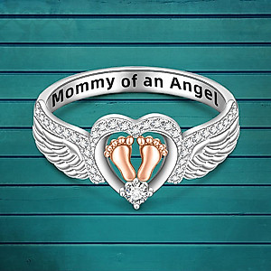 Angel Wing Ring for Women Mothers Sterling Silver Mommy of An Angel Rings Remembrance Footprint Band Memorial Keepsake Jewelry Size 8