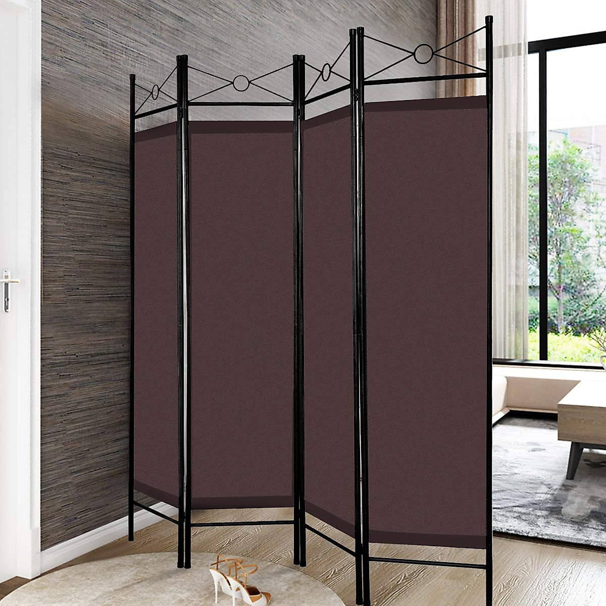 Squareful 4-Panel Room Divider, 6ft Folding Freestanding Screen w/Steel Frame & Fabric Surface, Portable Privacy Partition for Home Office, Brown