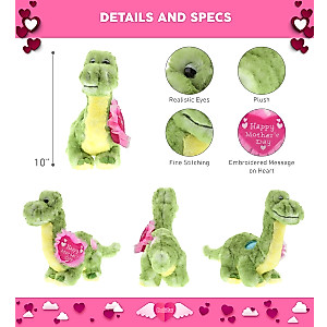 DolliBu Happy Mother's Day Super Soft Plush Green Dinosaur Doll Figure - Cute Stuffed Animal with Pink Heart Message for Best Mommy, Grandma, Wife, Daughter - 10" Inches