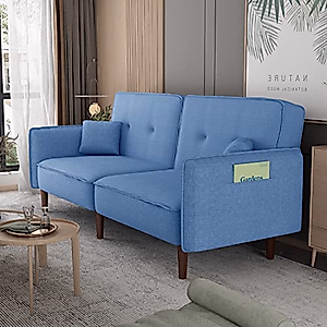 Lepfun Futon Sofa Bed with Two Pillows, 75Inches Modern Convertible Sleeper Couch with 3 Angles Adjustable Back and Solid Wood Leg for Living Room and Bedroom (Blue)