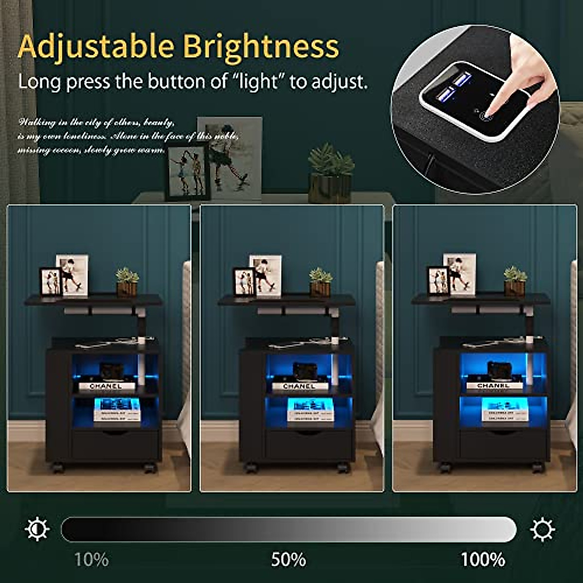 HNEBC Auto LED Nightstand with 2 USB Charging Station,Black Nightstand Has Adjustable Rotary Table, Bedside Tables with One Drawer and 2 Mezzanines/Infrared Induction 3 Color Lighting(On The Left)