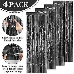 MEEZY 4Pack 3.2ft x 8.2ft Black Foil Fringe Curtains Backdrop Metallic Foil Tinsel Streamers with Black Balloons for Graduation Bachelorette Baby Shower Wedding Birthday Bridal Shower Party Decor