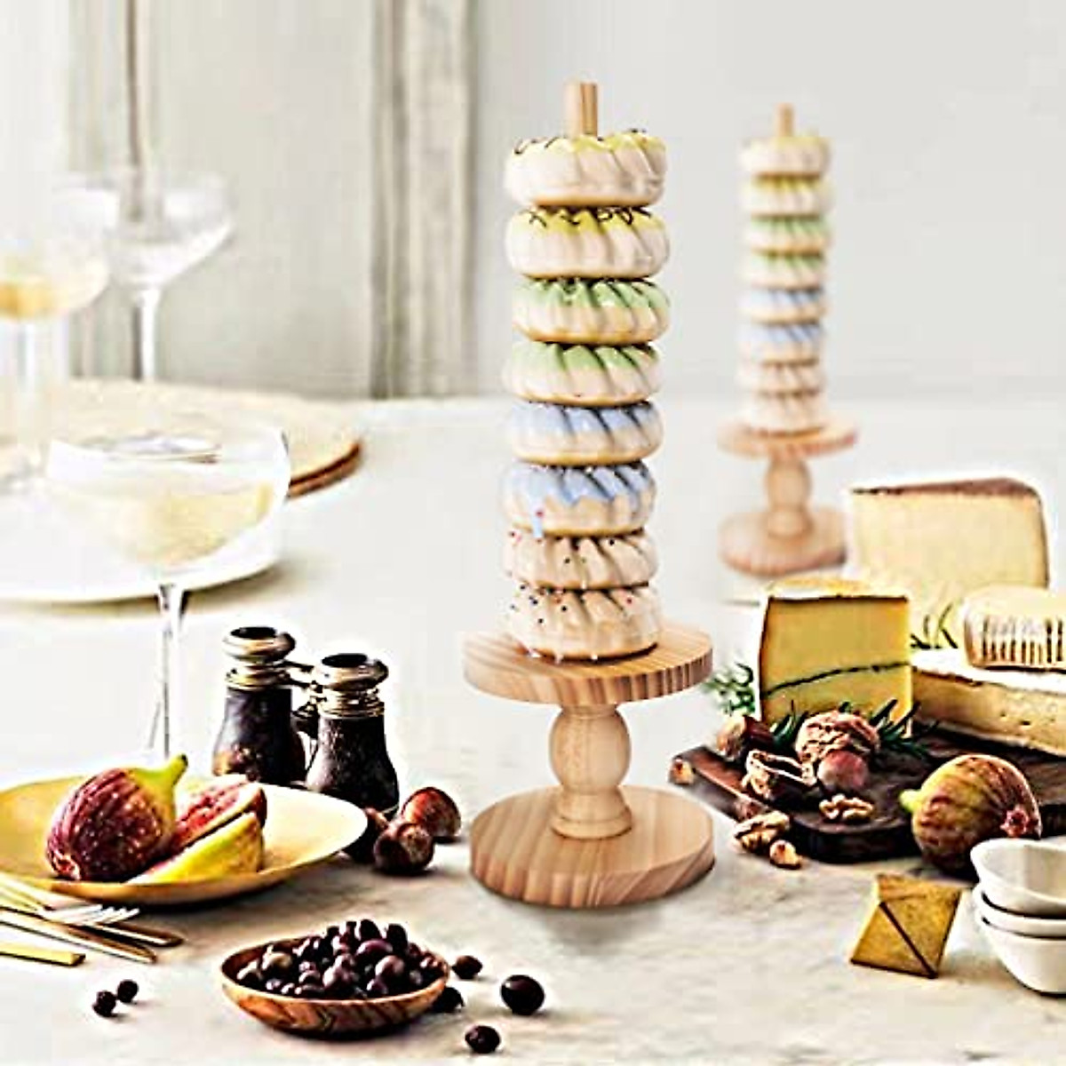 WILLOWDALE Farmhouse Donut Stand Holder Doughnut Bagel Display Rustic Wood Stacker Tower for Bridal Showers,Wedding Birthday Parties, Party Decorations Supplies Dessert Table-2 PCS