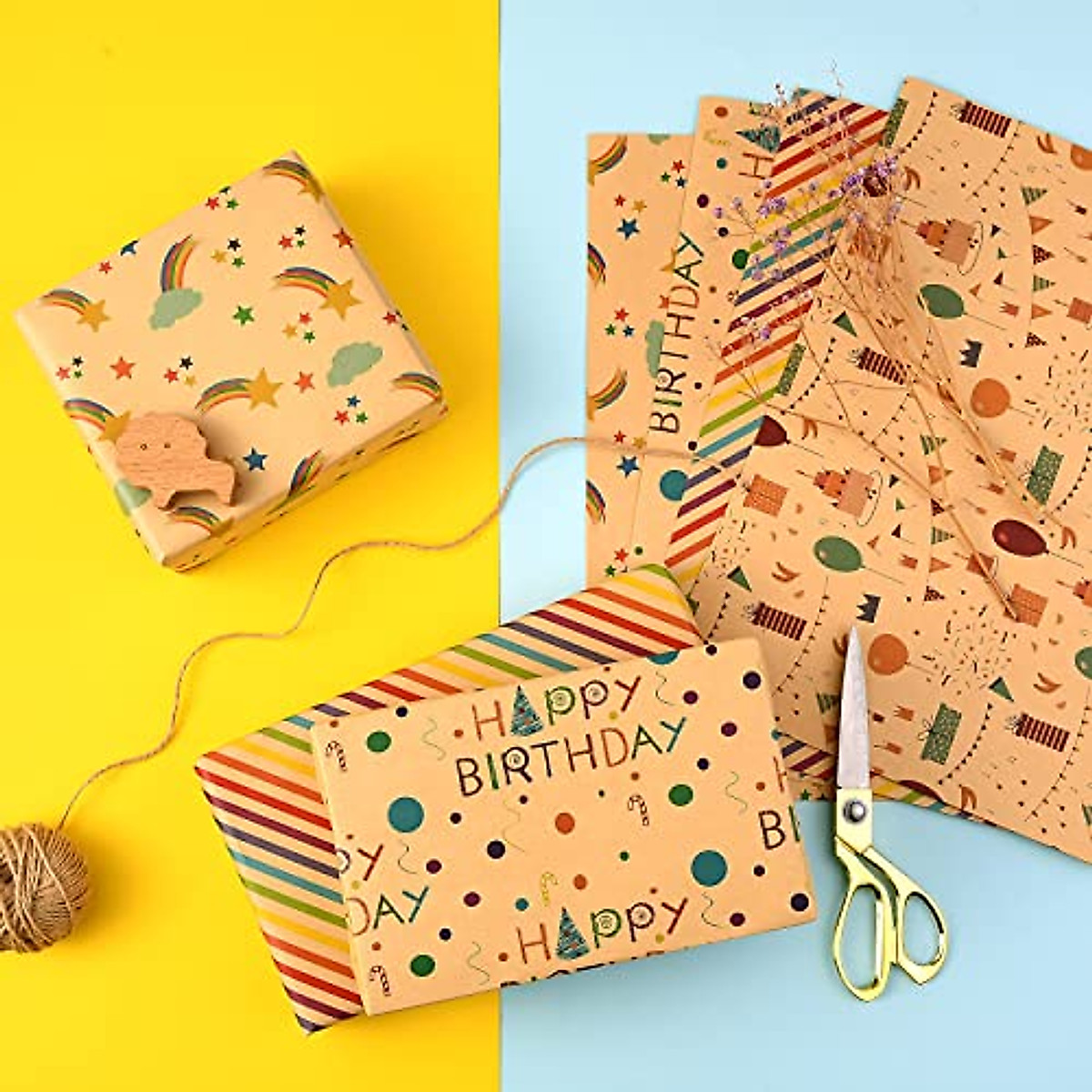PlandRichW Birthday Wrapping Paper for Kids Girls Women Boys Men,12 Sheets Kraft Brown Recycled Gift Wrapping Paper 4 Styles of ''Happy Birthday'' Balloon Rainbow Stars Precut 20" X 29" Folded