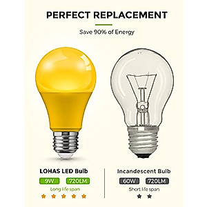 LOHAS Yellow LED Bug Light Bulbs Outdoor, A19 9W Bug Lights for Outside, 60W Equivalent, 2000K Amber Porch Light Bulb, Non-Attracting, E26 Base, Not-Dimmable, Ideal for Patio, Deck, Backyard, 2 Pack