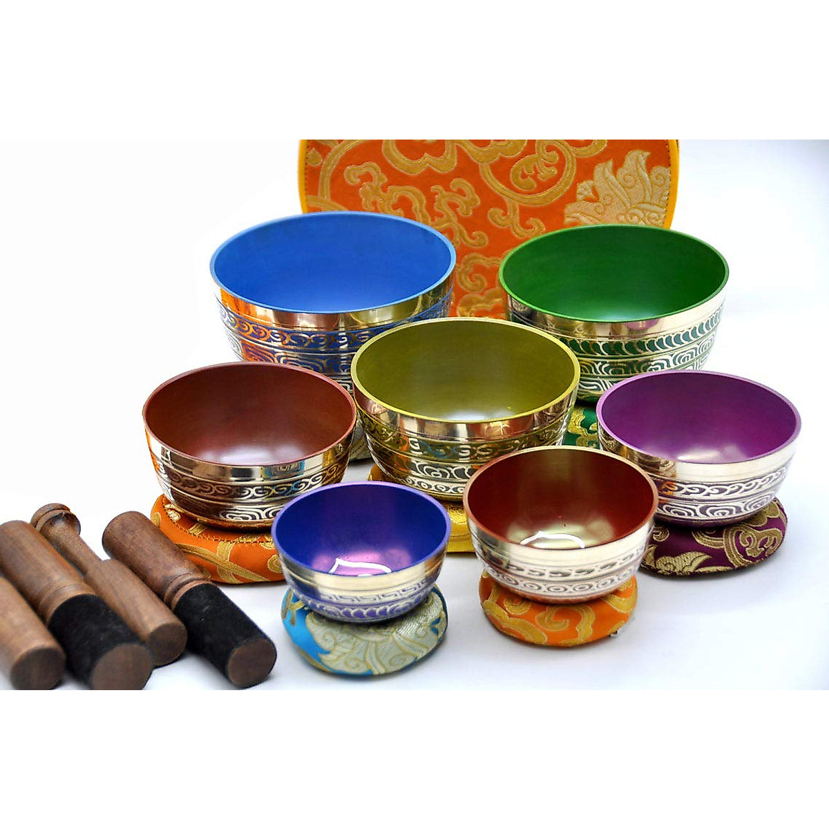 Chakra Healing Tibetan Singing Bowl Set~ Seven Chakra Color with Symbols ~Sizes from 2.5" to 5” for Meditation,Sound Healing, Sound Therapy & Mindfulness ~ Mallets, Cushions & Carrying Case included