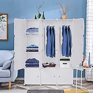 Modular Cube Organizer with Hanging Rod 12 Cube Stackable Plastic Wardrobe Cabinet with White Doors - Portable Closet Wardrobe