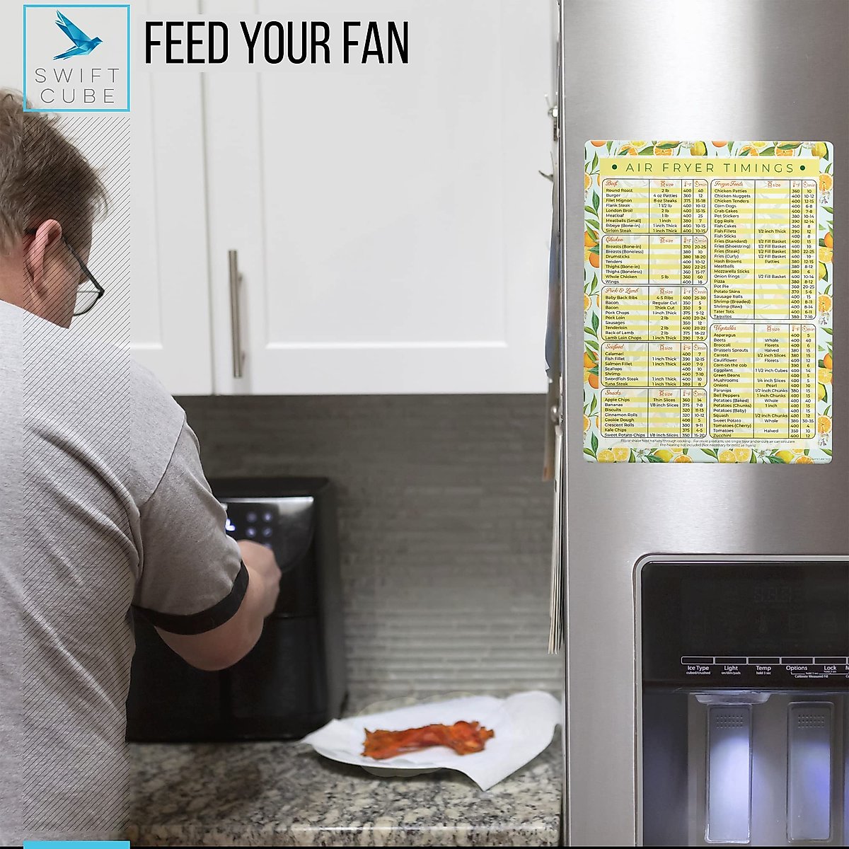 SwiftCube Air Fryer Magnetic Cheat Sheets, Multicooker Cheat Sheet Recipe Magnets, with Cooking Temperature, Time & Size Chart Conversion Measurement, Orange-Lemon Kitchen Decor, 8.5"x11" Citrus Dream