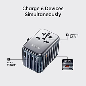Zendure Universal Travel Adapter 65W PD Fast Charger 4 USB-C,1 USB-A, International Wall Charger AC Plug Adaptor All in One Worldwide Power Charger Compatible with Laptops iPad iPhone AirPods