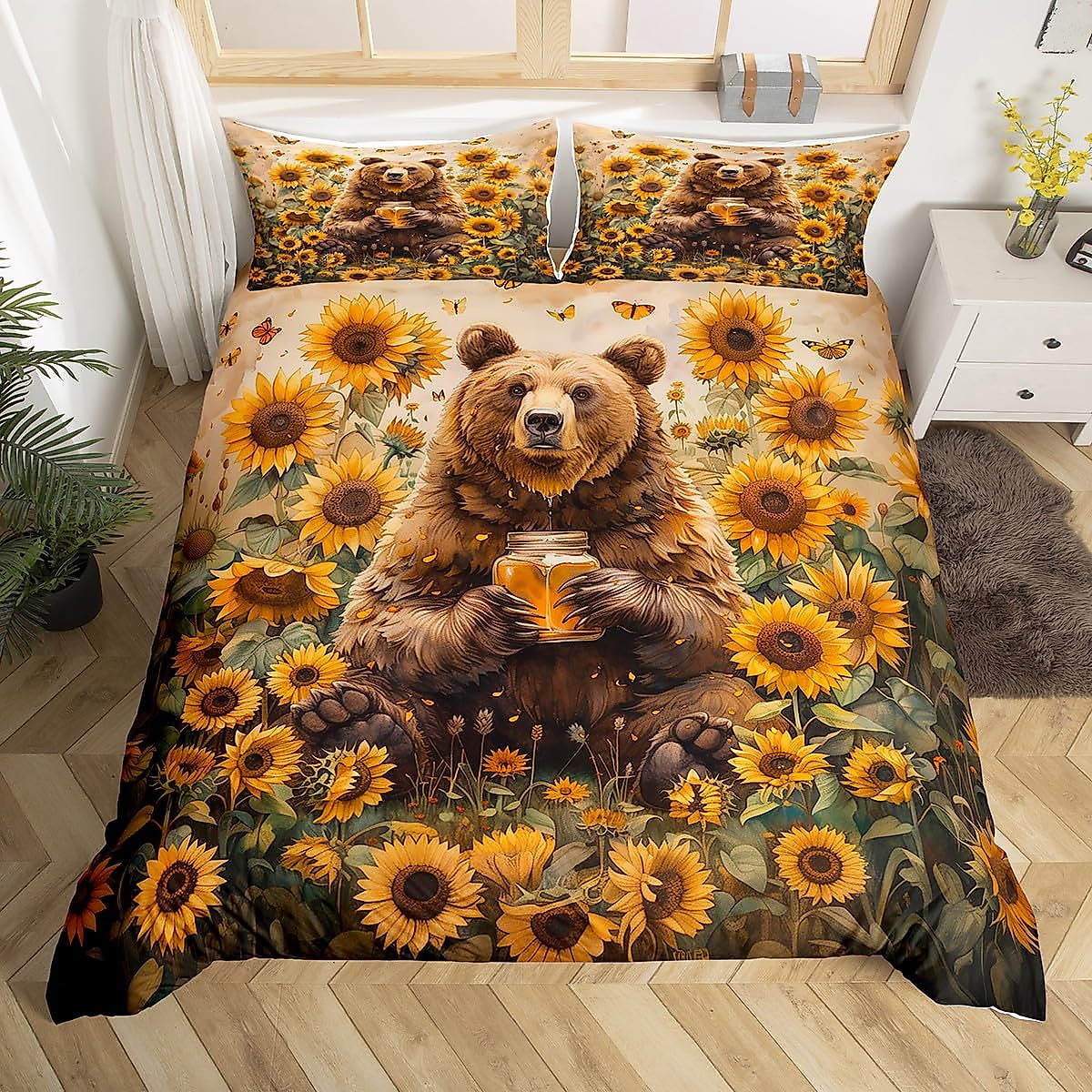 Feelyou Bear Bedding Set for Girls Boys Kids King Size Sunflower Comforter Cover Set Room Decorative Butterfly Duvet Cover Brown Bedspread Cover Bedclothes,No Comforter