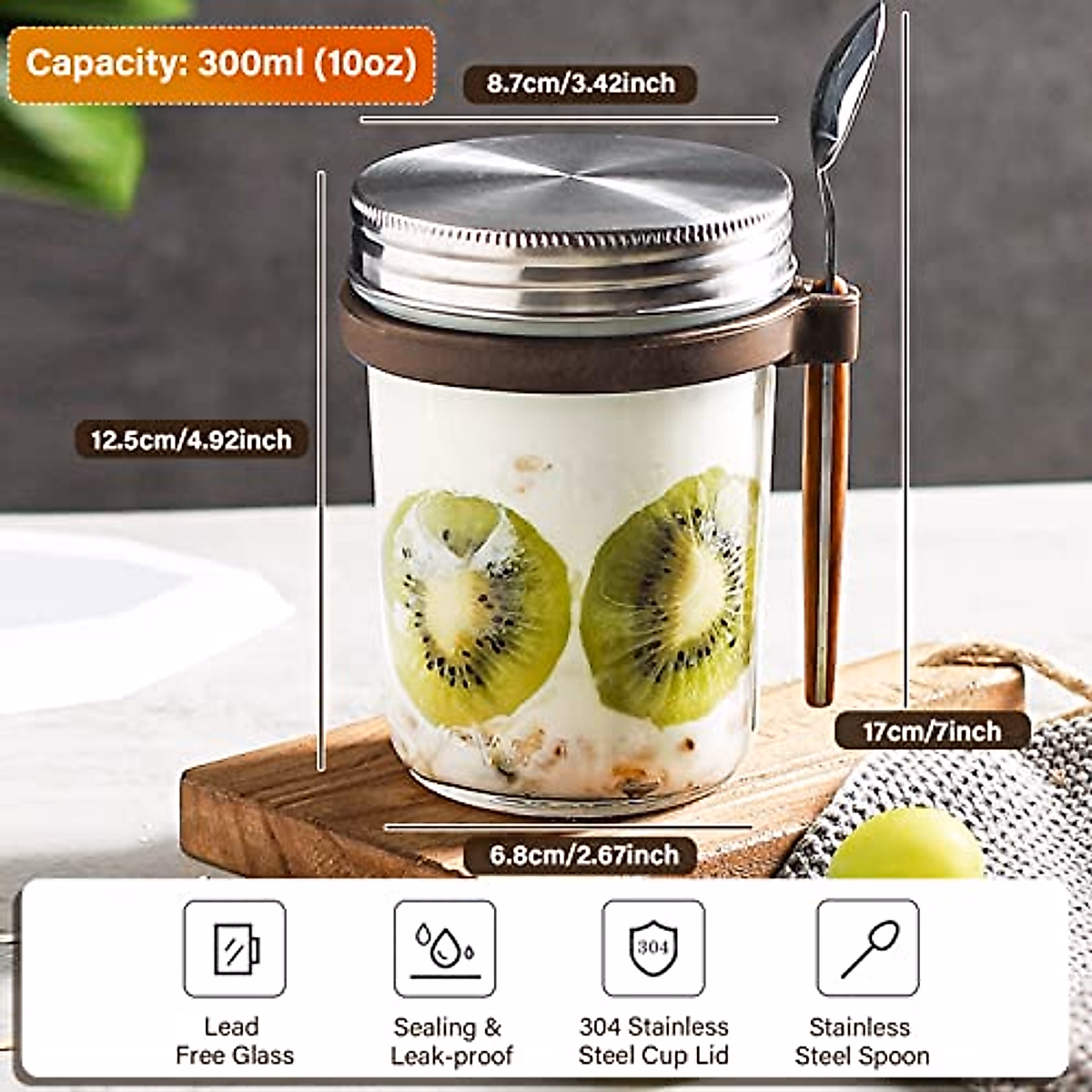 KesaPlan Overnight Oats Containers with Lid and Spoon, 10oz Airtight Large Capacity Mason Jar, 2PCS Leak-proof Oatmeal Jars with Measurement Marks, Reusable On The Go Parfait Cups for Yogurt Cereal